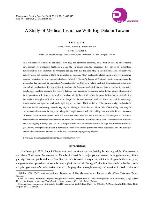 (PDF) A Study of Medical Insurance With Big Data in Taiwan