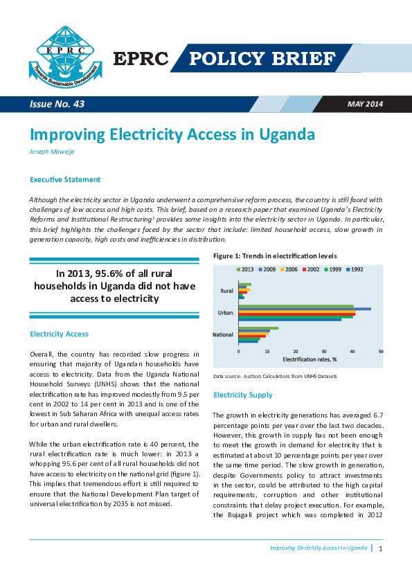 (PDF) Improving Electricity Access in Uganda Issue No. 43 EPRC POLICY BRIEF