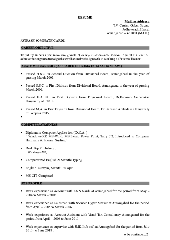 (DOC) AVINASH Resume (1) | Avinash Garde - Academia.edu