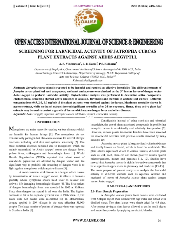(PDF) . SCREENING FOR LARVICIDAL ACTIVITY OF JATROPHA CURCAS