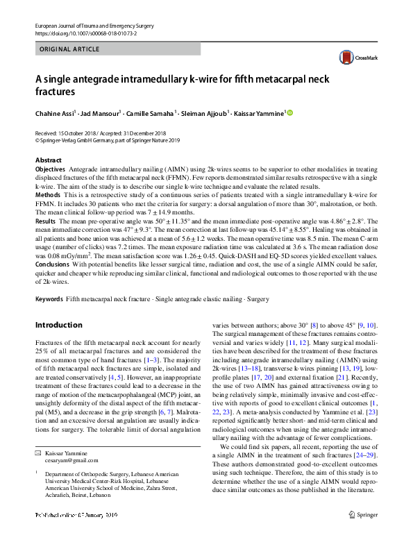 (PDF) A single antegrade intramedullary k-wire for fifth metacarpal ...