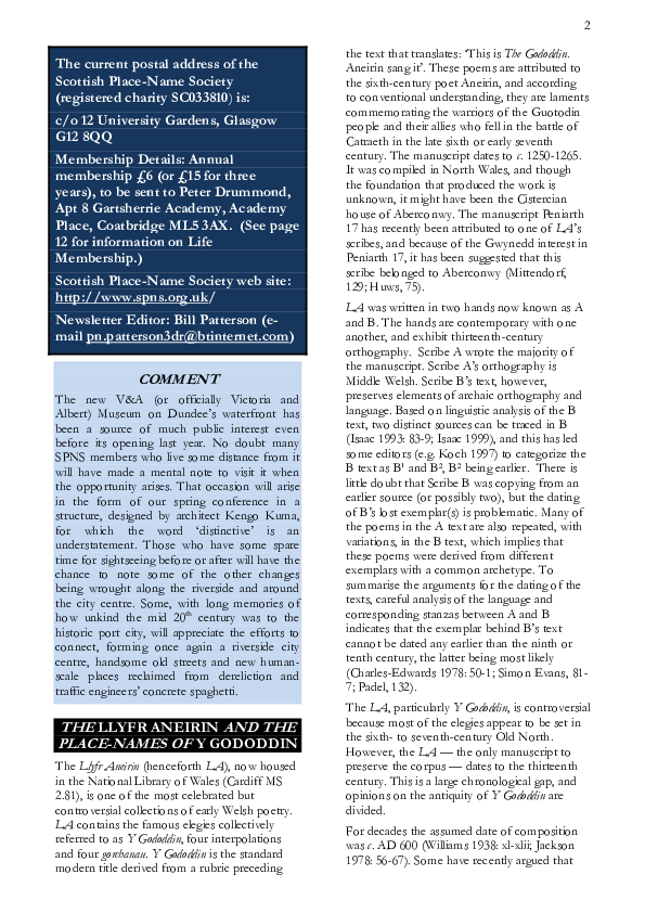 (PDF) The Llyfr Aneirin and the Place-Names of Y Gododdin