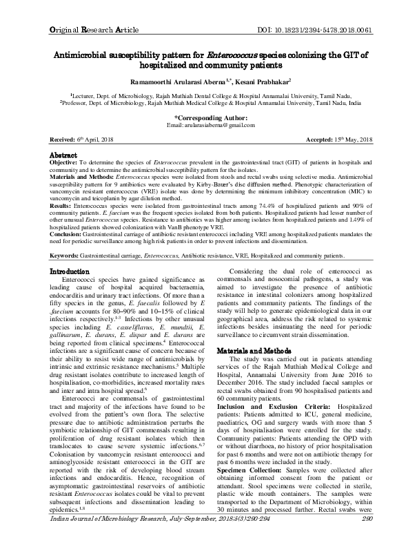 Pdf Antimicrobial Susceptibility Pattern For Enterococcus Species Colonizing The Git Of