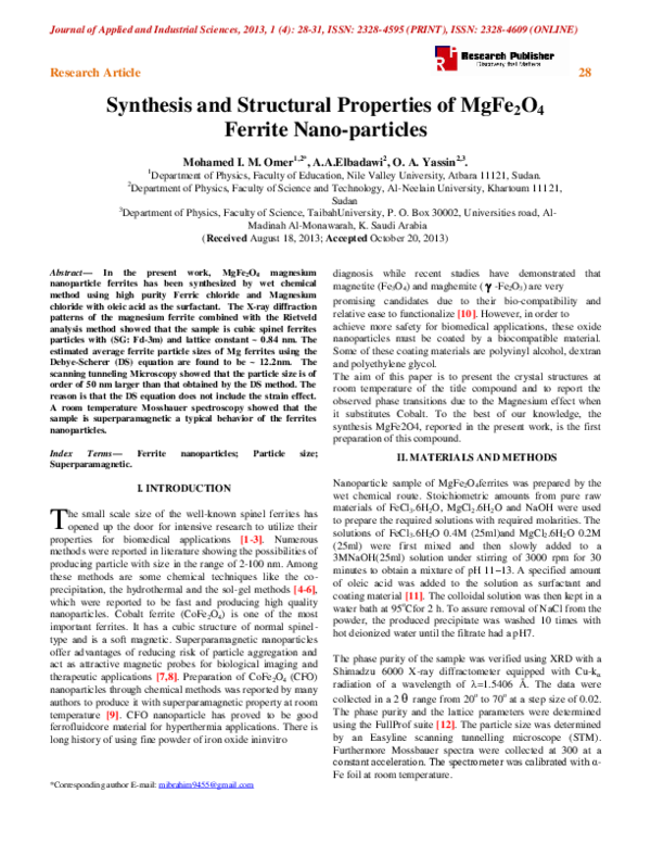 (PDF) Synthesis and Structural Properties of MgFe2O4 Ferrite Nano-particles