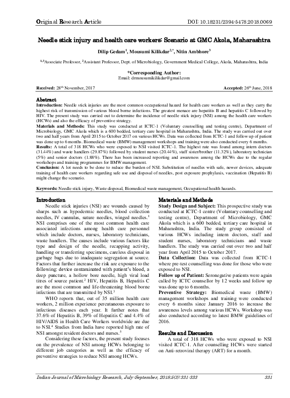 (PDF) Needle stick injury and health care workers: Scenario at GMC ...