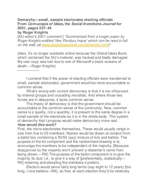 (DOC) Demarchy—small, sample electorates electing officials | Roger ...