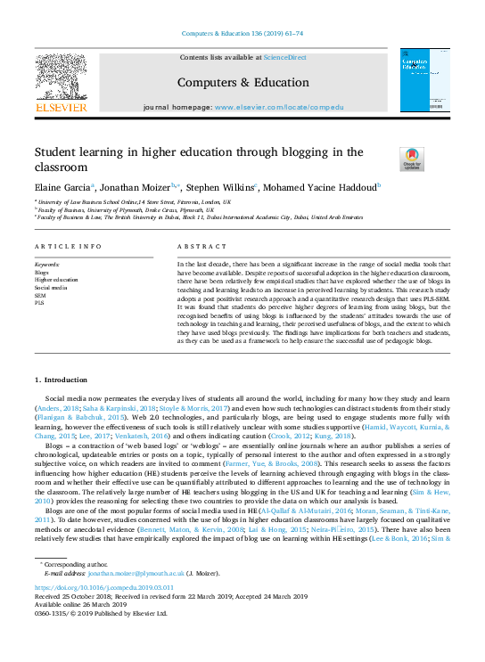 (PDF) Student learning in higher education through blogging in the ...