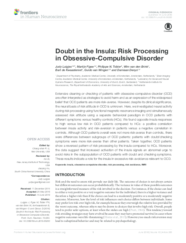 (PDF) Doubt in the Insula: Risk Processing in Obsessive-Compulsive Disorder
