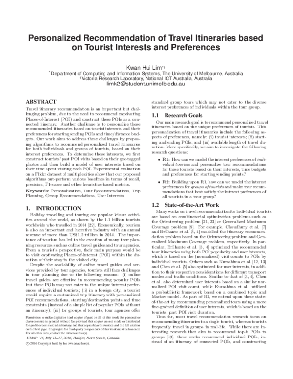 (PDF) Personalized Recommendation of Travel Itineraries based on ...