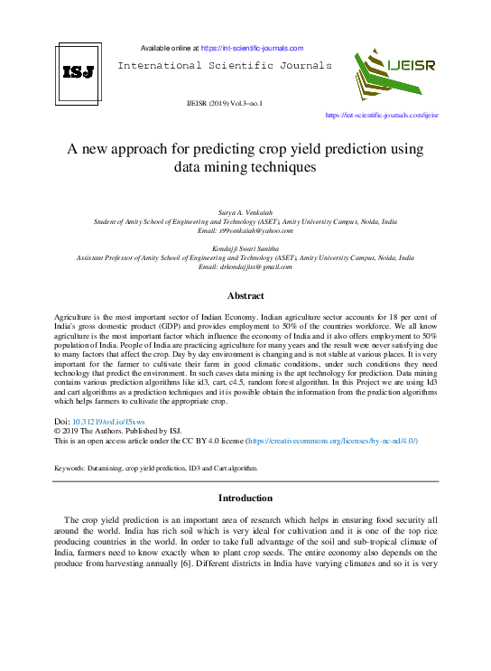 Pdf A New Approach For Predicting Crop Yield Prediction Using Data Mining Techniques 