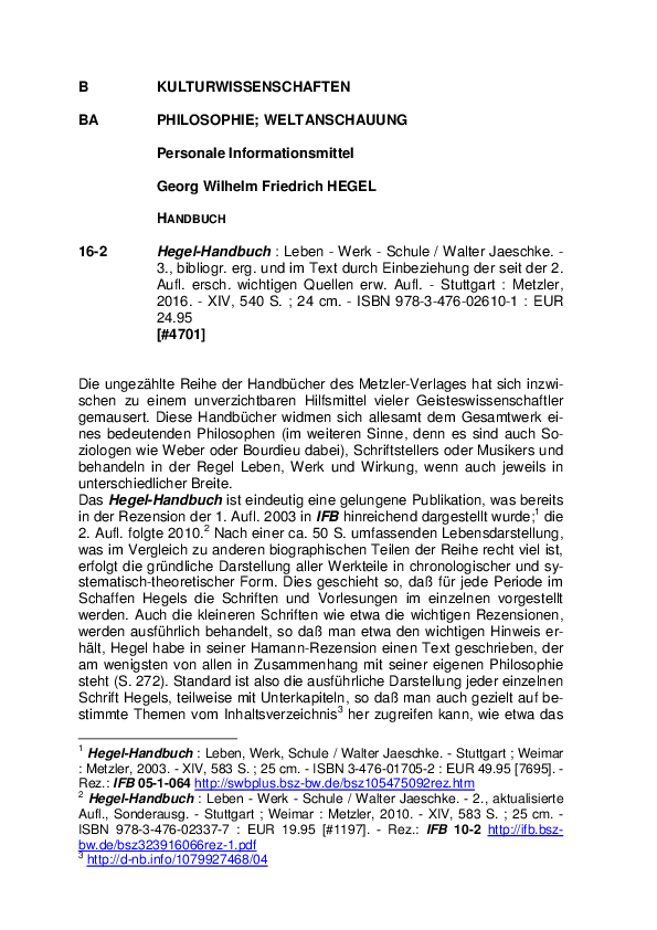 (PDF) IFB-Rezension Hegel-Handbuch : Leben-Werk-Schule / Walter ...