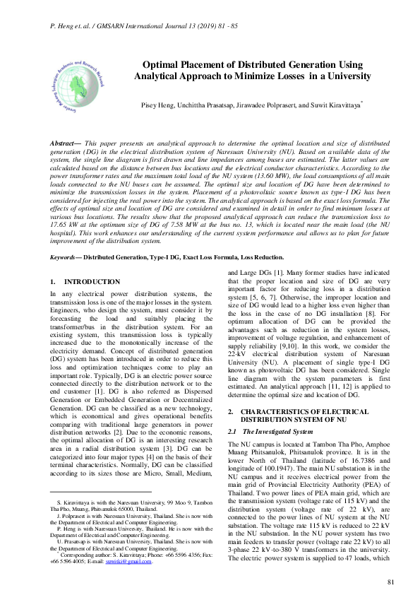 Pdf Optimal Placement Of Distributed Generation Using Analytical Approach To Minimize Losses