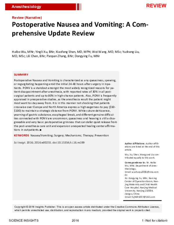 (PDF) Postoperative Nausea and Vomiting: A Comprehensive Update Review