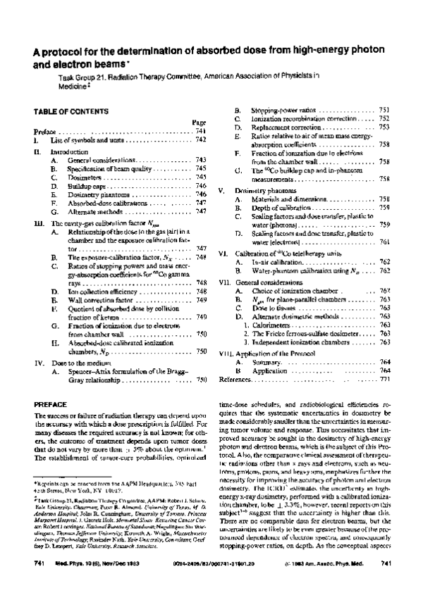 (PDF) A protocol for the determination of absorbed dose from high-energy photon and electron beams"
