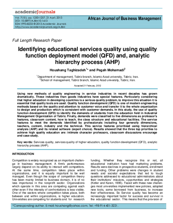 (PDF) Identifying educational services quality using quality function deployment model (QFD) and ...