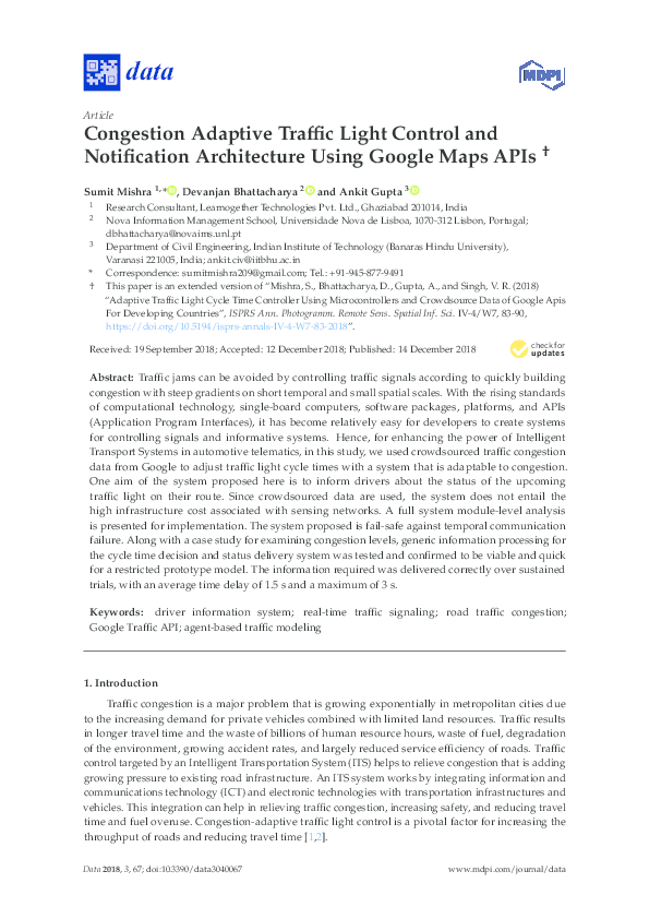 (PDF) Congestion Adaptive Traffic Light Control and Notification Architecture Using Google Maps APIs