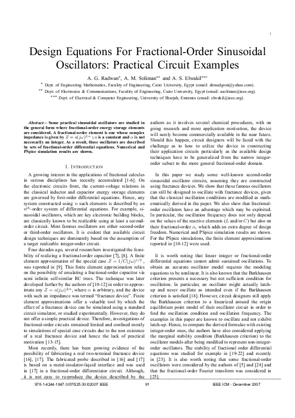 (PDF) Design equations for fractional-order sinusoidal oscillators: Four practical circuit examples
