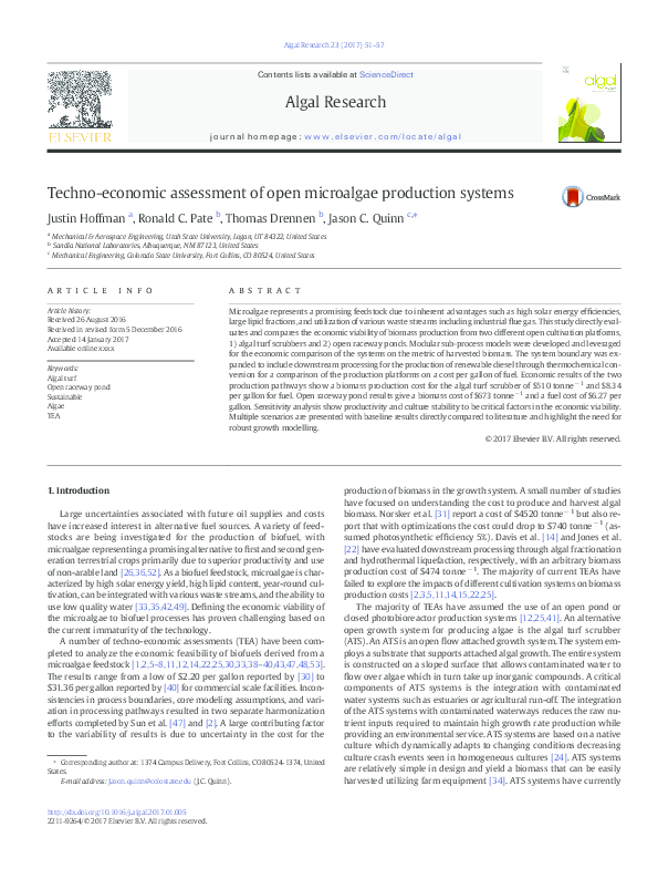 (PDF) Techno-economic assessment of open microalgae production systems