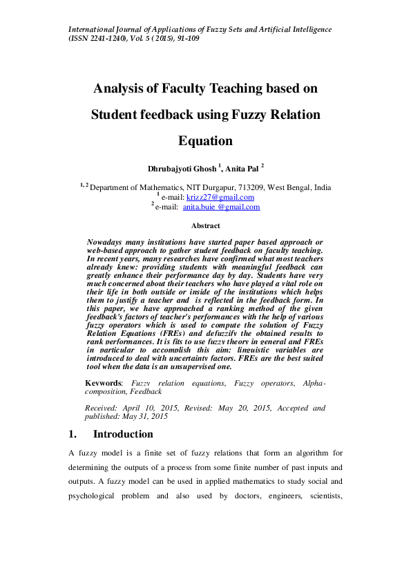 (PDF) Analysis of Faculty Teaching based on Student feedback using Fuzzy Relation Equation