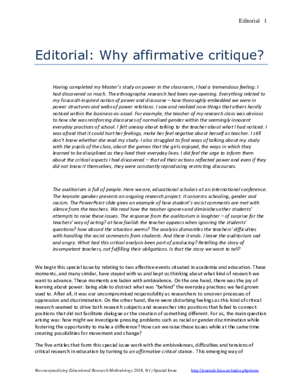 (PDF) Editorial. Why affirmative critique?
