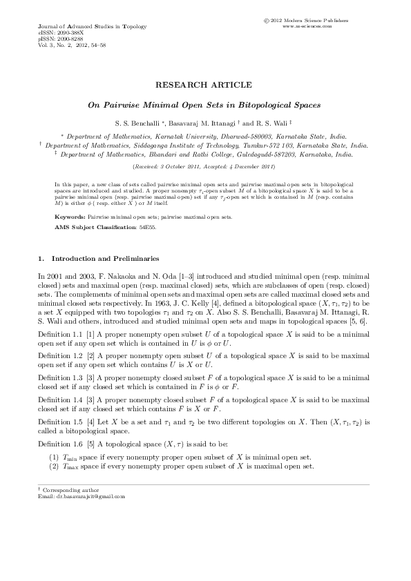 (PDF) On Pairwise Minimal Open Sets in Bitopological Spaces