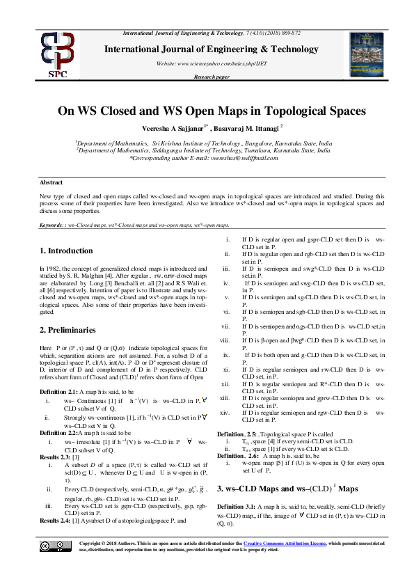 (PDF) On WS Closed and WS Open Maps in Topological Spaces
