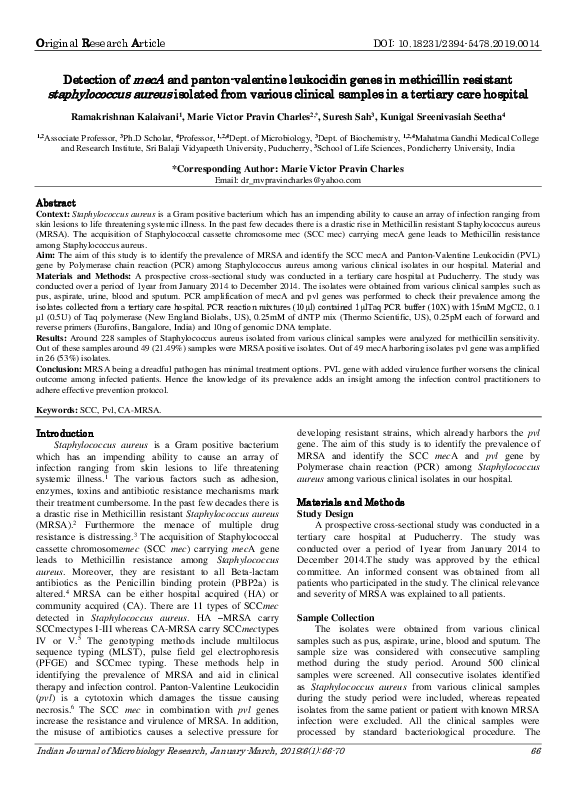 (PDF) Detection of mecA and panton-valentine leukocidin genes in methicillin resistant ...