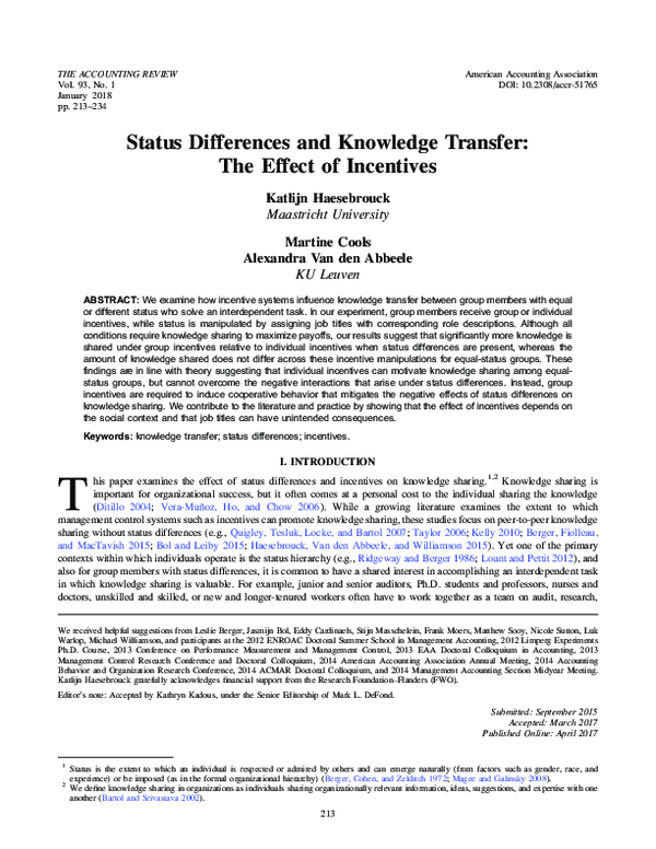 (PDF) Status Differences and Knowledge Transfer: The Effect of Incentives