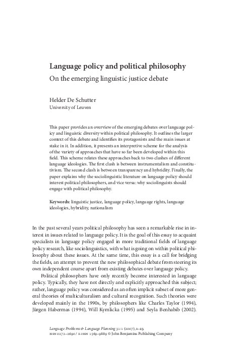 (PDF) Language policy and political philosophy: On the emerging ...