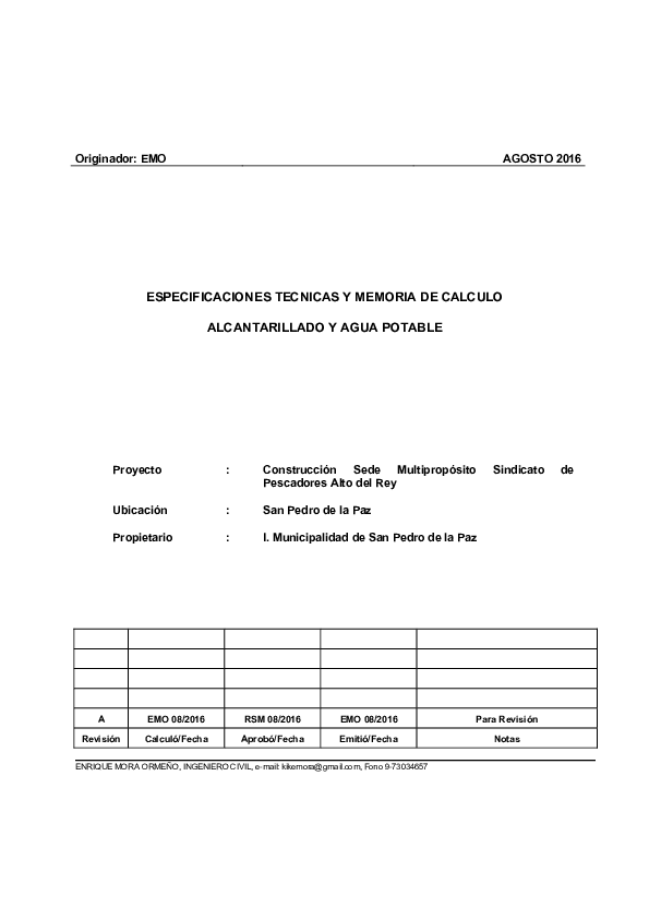 (PDF) ESPECIFICACIONES TECNICAS Y MEMORIA DE CALCULO ALCANTARILLADO Y AGUA POTABLE Proyecto ...