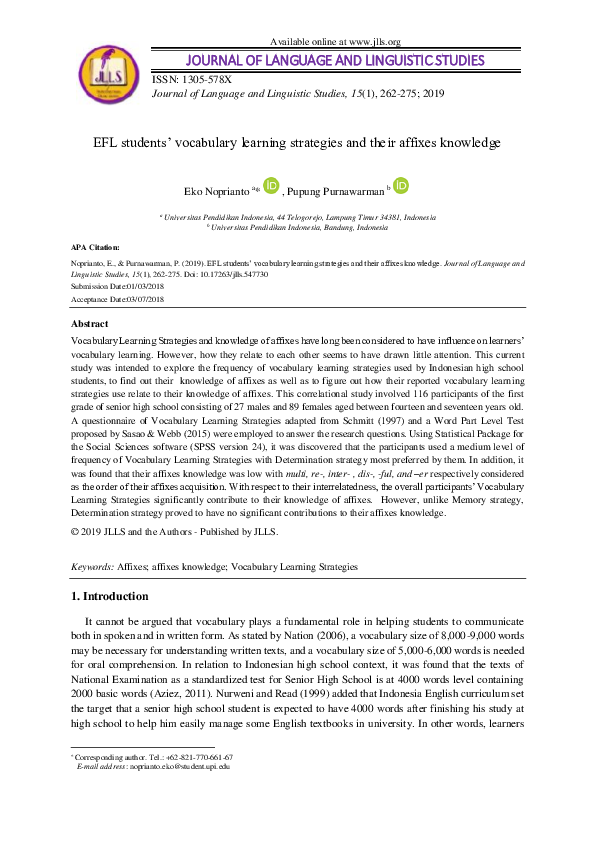 (PDF) EFL students' vocabulary learning strategies and their affixes knowledge