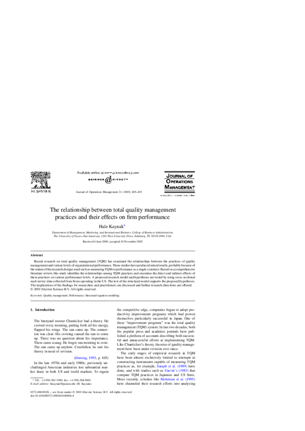 (PDF) The relationship between total quality management practices and their effects on firm ...