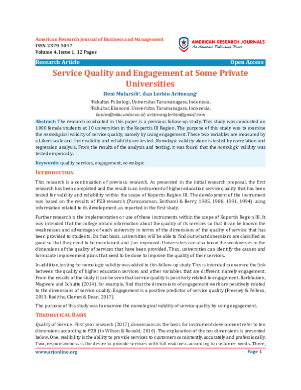 (PDF) Service Quality and Engagement at Some Private Universities