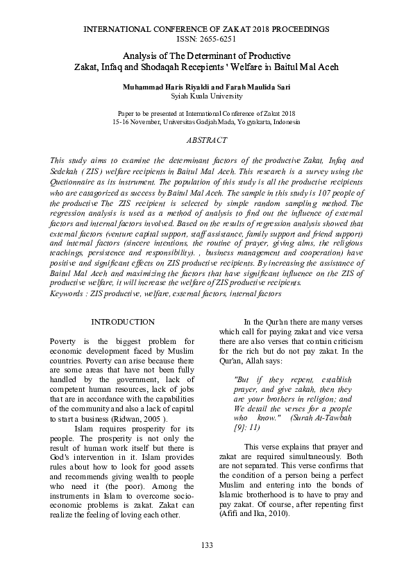 (PDF) Analysis of The Determinant of Productive Zakat, Infaq and Shodaqah Recepients ' Welfare ...