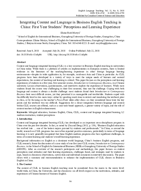 (PDF) Integrating Content and Language in Business English Teaching in ...