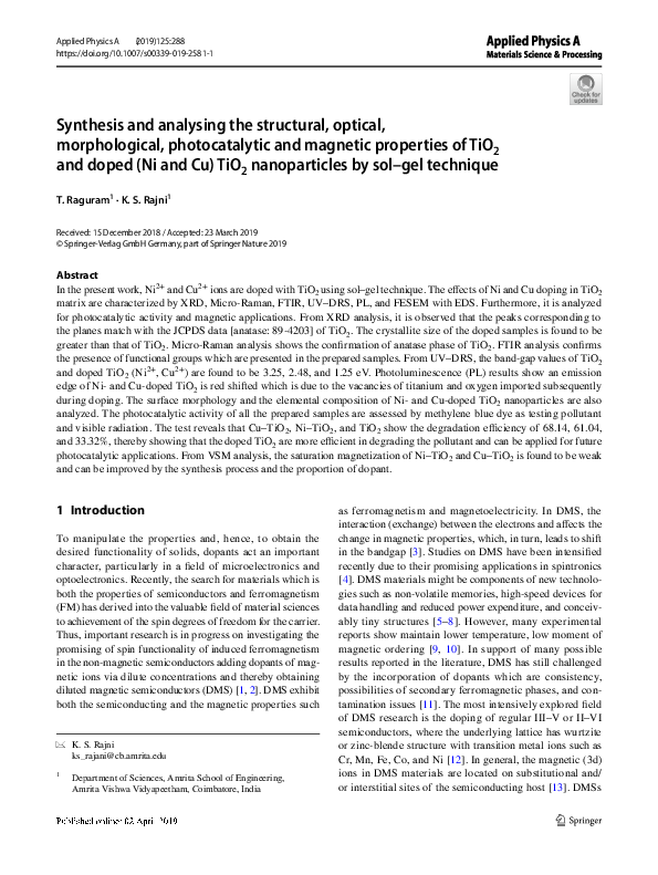 (PDF) Synthesis and analysing the structural, optical, morphological ...