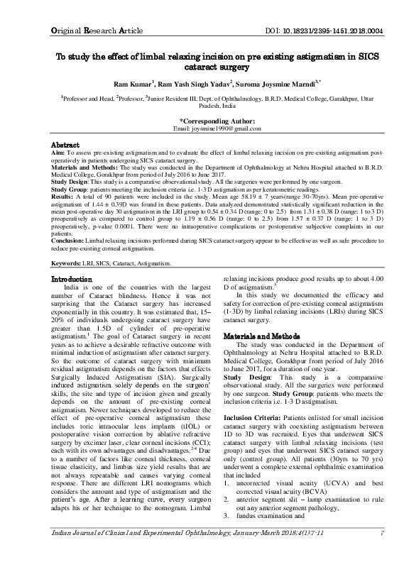 To study the effect of limbal relaxing incision on pre existing ...