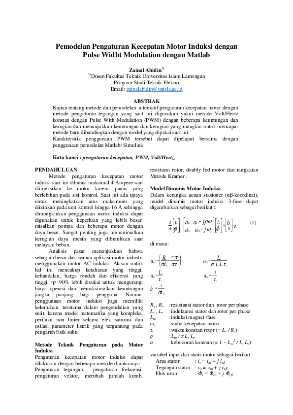 Pdf Pemodelan Pengaturan Kecepatan Motor Induksi Dengan Pulse Widht Modulation Dengan Matlab