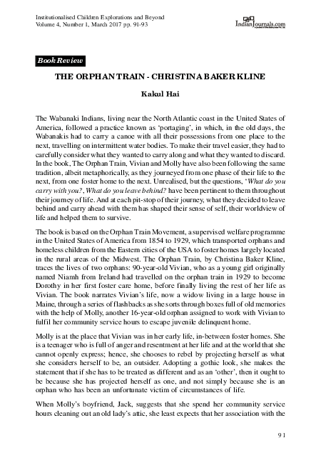 (PDF) Book Review: The Orphan Train by Christina Baker Kline
