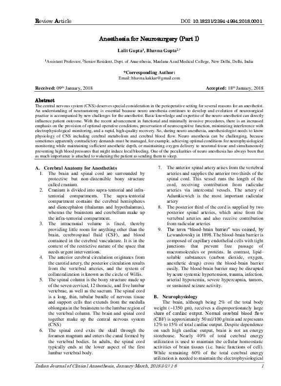 (PDF) Anesthesia for Neurosurgery (Part I)