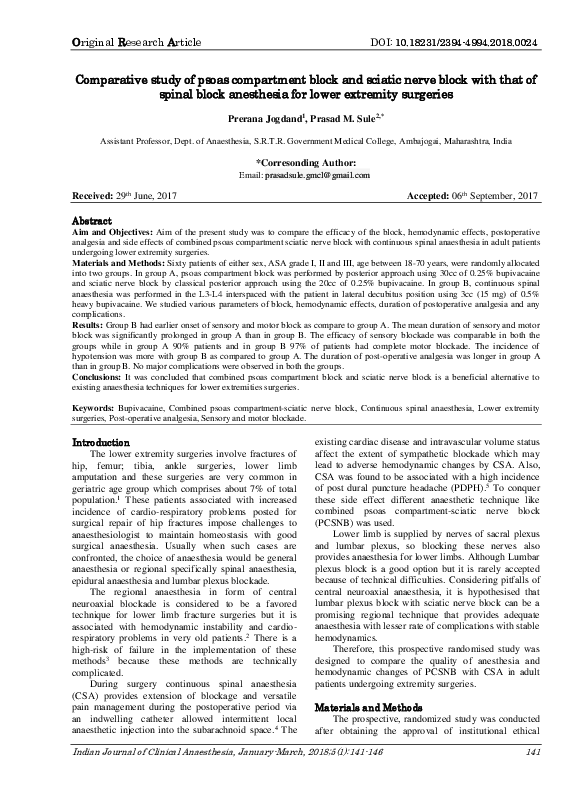(PDF) Comparative study of psoas compartment block and sciatic nerve ...