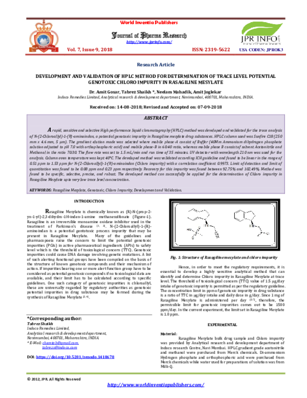 (PDF) DEVELOPMENT AND VALIDATION OF HPLC METHOD FOR DETERMINATION OF TRACE LEVEL POTENTIAL ...