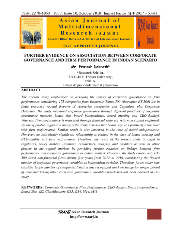 (PDF) FURTHER EVIDENCE ON ASSOCIATION BETWEEN CORPORATE GOVERNANCE AND FIRM PERFORMANCE IN ...