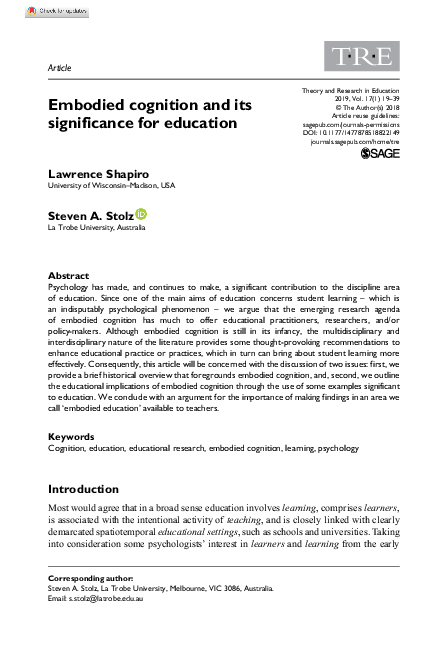 Pdf Embodied Cognition And Its Significance For Education