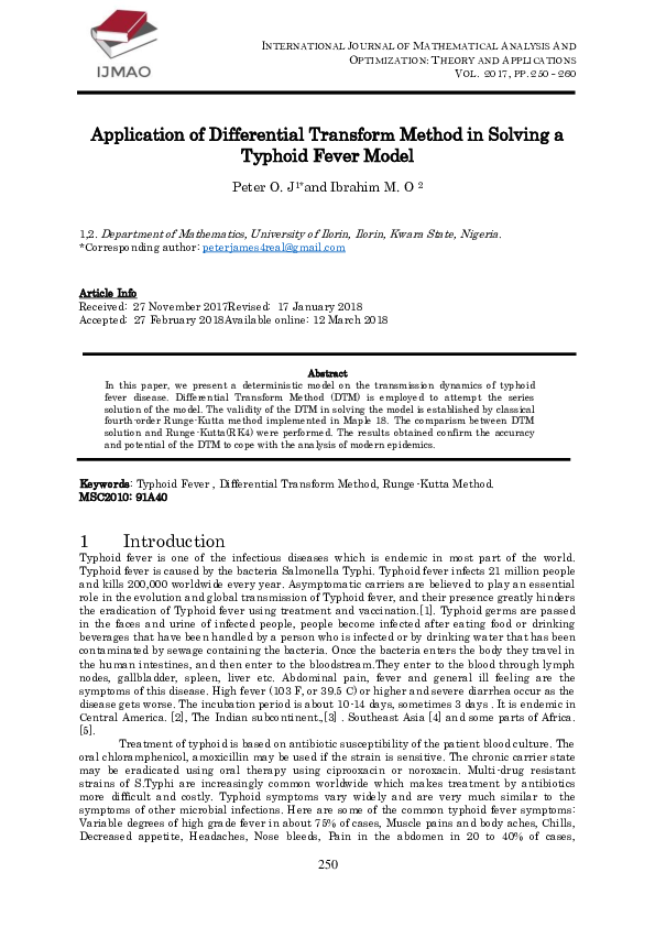 Pdf Application Of Differential Transform Method In Solving A Typhoid