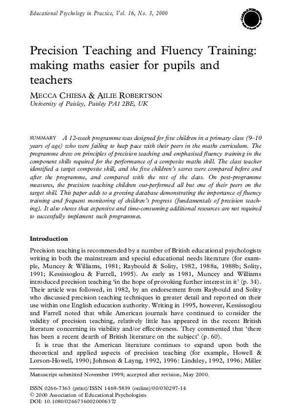 (PDF) Precision Teaching and Fluency Training: Making maths easier for ...