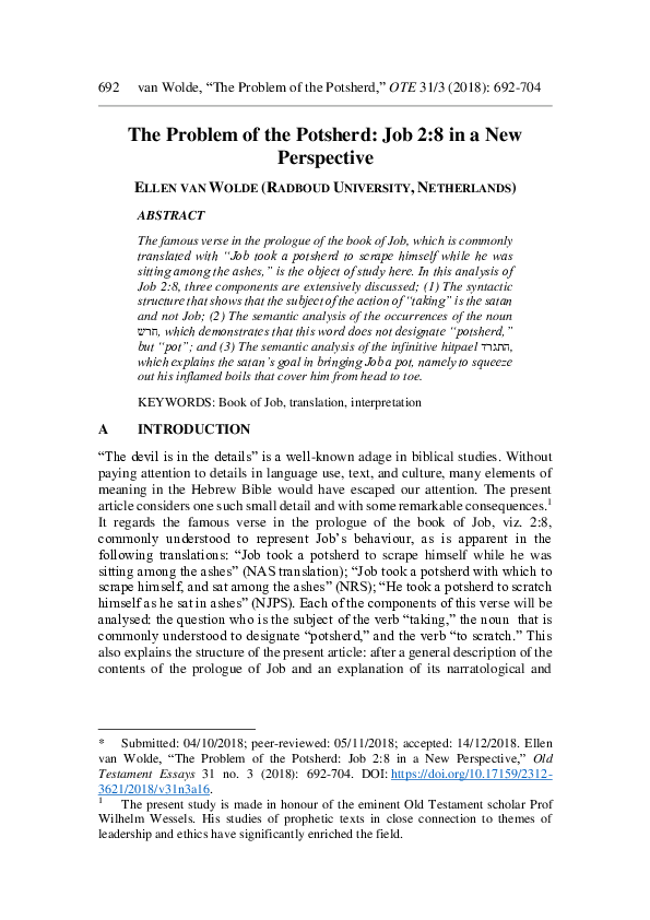 (PDF) The Problem of the Potsherd: Job 2:8 in a New Perspective