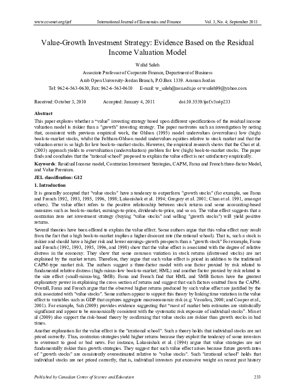 (PDF) Value-Growth Investment Strategy: Evidence Based on the Residual ...