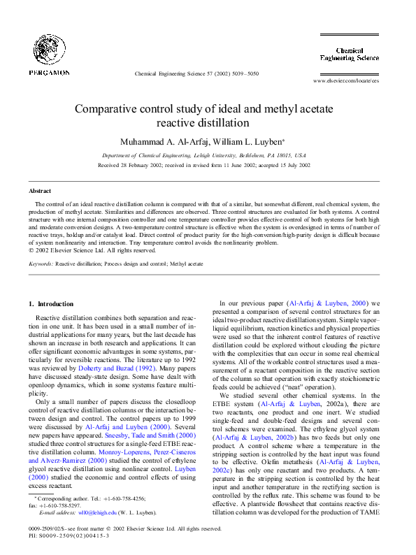 (PDF) Comparative control study of ideal and methyl acetate reactive distillation