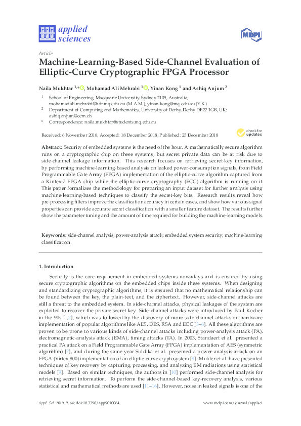 (PDF) Machine-Learning-Based Side-Channel Evaluation of Elliptic-Curve Cryptographic FPGA Processor